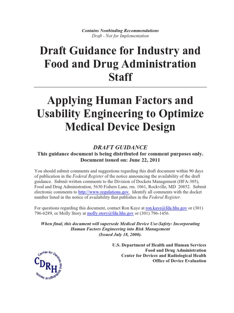 FDA Guidance Draft - Applying HFE & UE | PDF | Medical Device | Usability