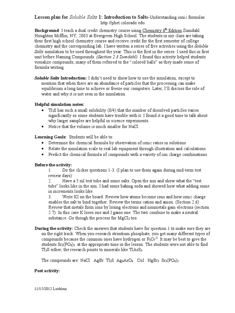 1 Lesson Plans For Salts and Solubility Introduction To Salts | PDF ...