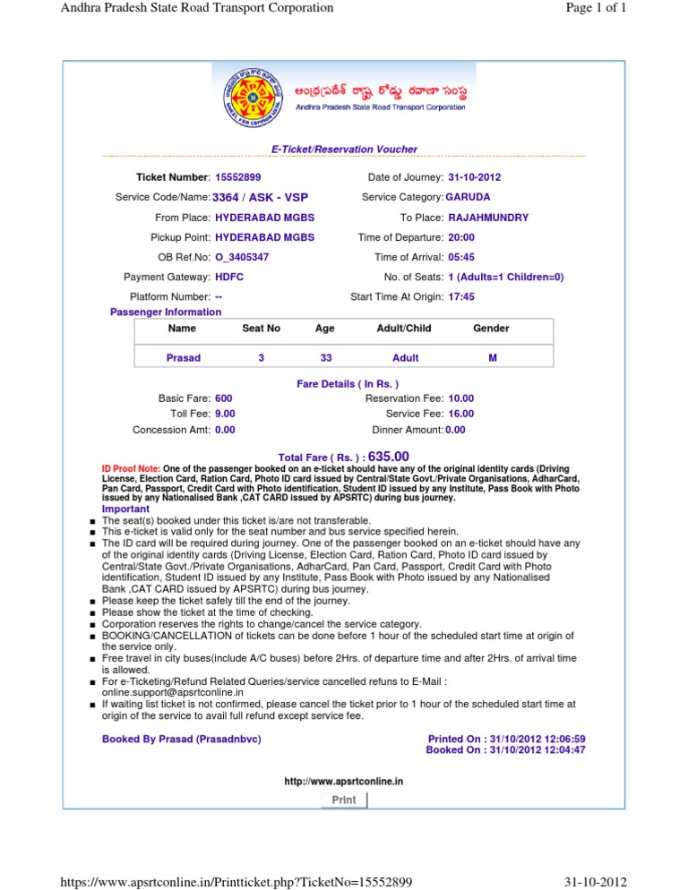 APSRTC E-Ticket Confirmation | PDF | Identity Document | Ticket (Admission)