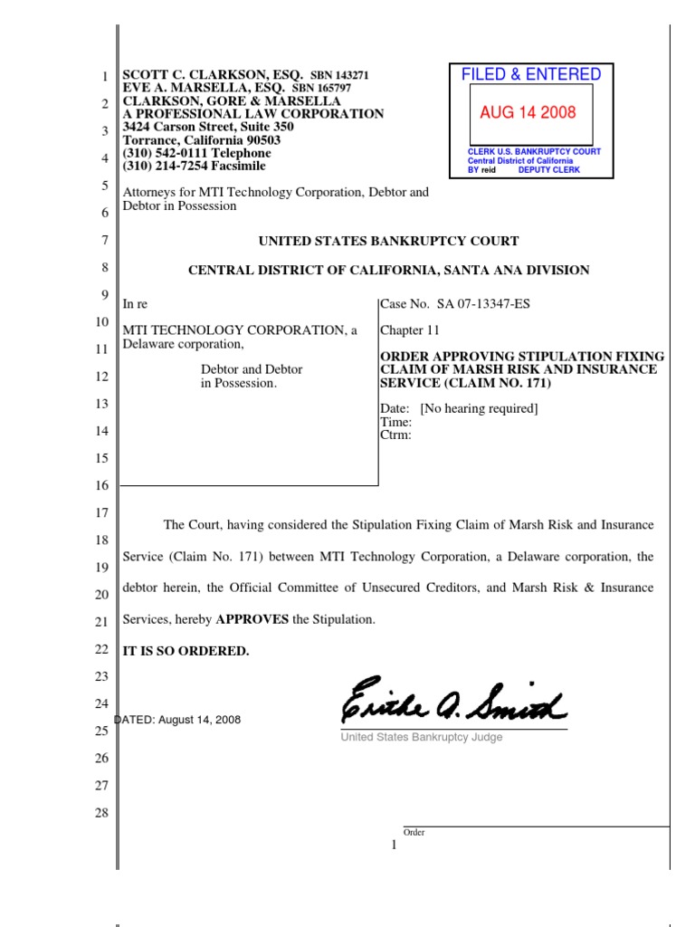 Order Approving MTI Claim Stipulation | PDF | Mail | Chapter 11