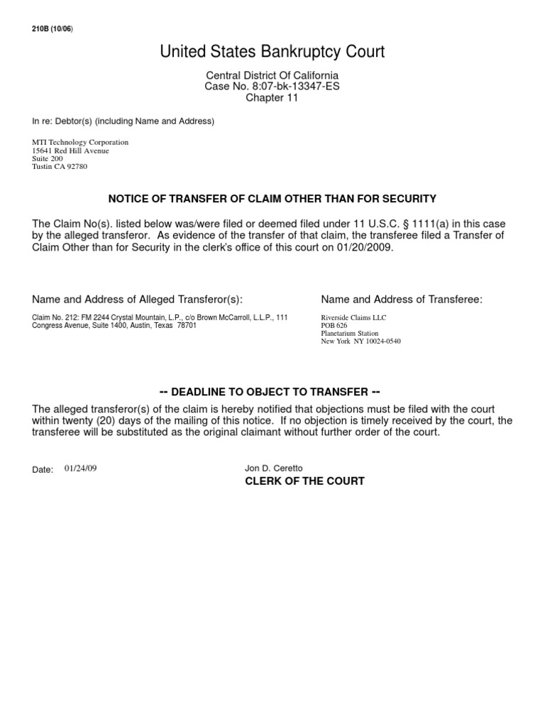 United States Bankruptcy Court: Notice of Transfer of Claim Other Than ...