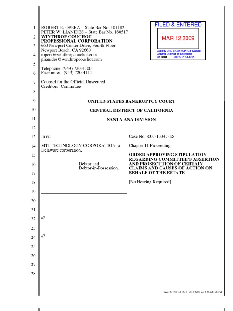 Filed & Entered: Clerk U.S. Bankruptcy Court Central District of ...