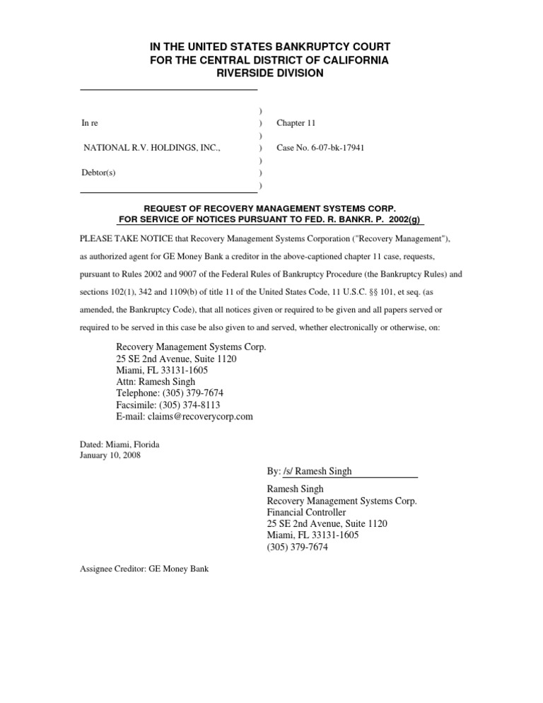 In The United States Bankruptcy Court For The Central District of ...