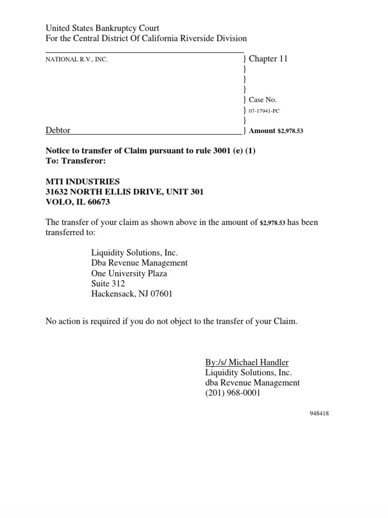 Notice To Transfer of Claim Pursuant To Rule 3001 (E) (1) To ...
