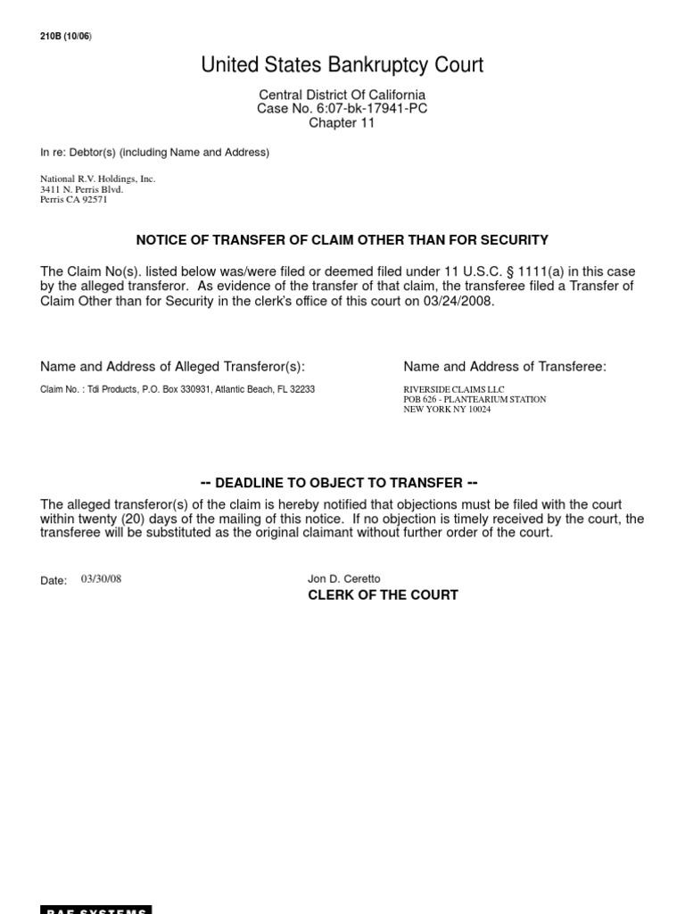 United States Bankruptcy Court: Notice of Transfer of Claim Other Than ...