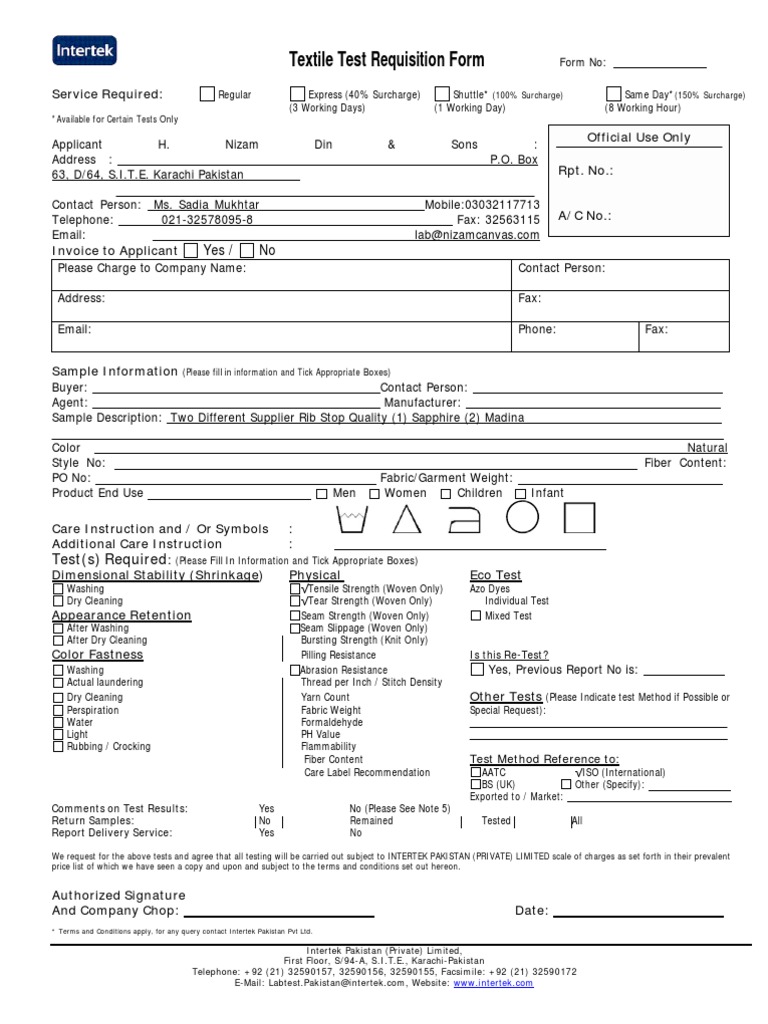 Textile Test Requisition Form: Yes / No | PDF | Email | Weaving