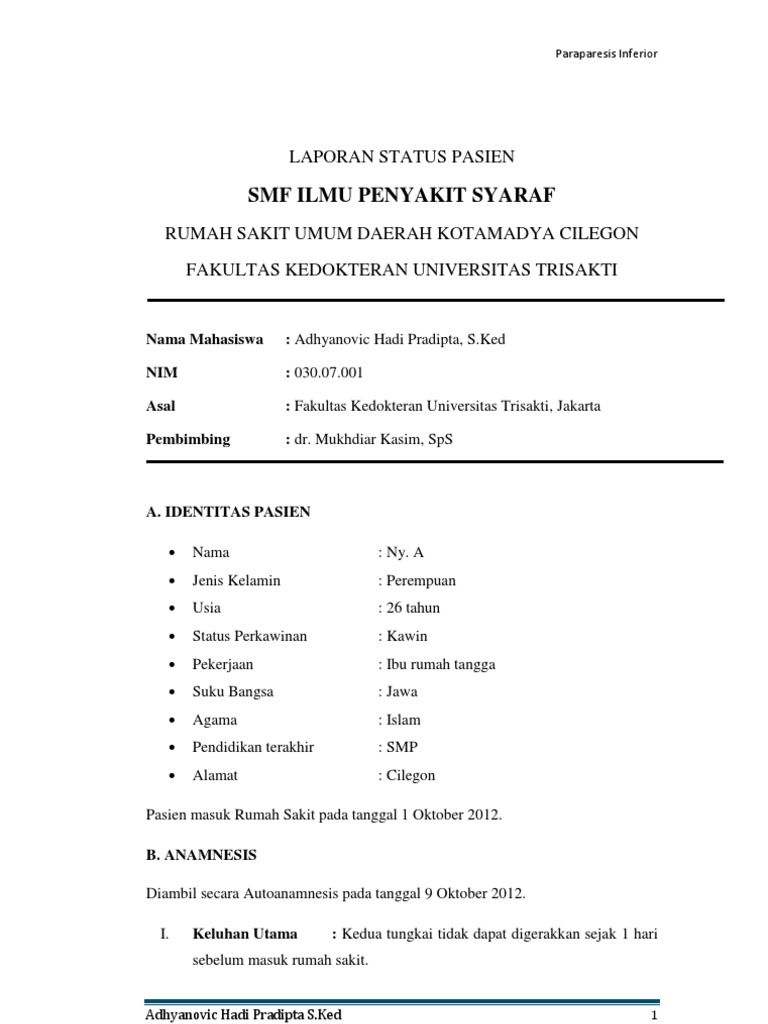 Laporan Status Pasien Ny A Paraparesis Inferior | PDF