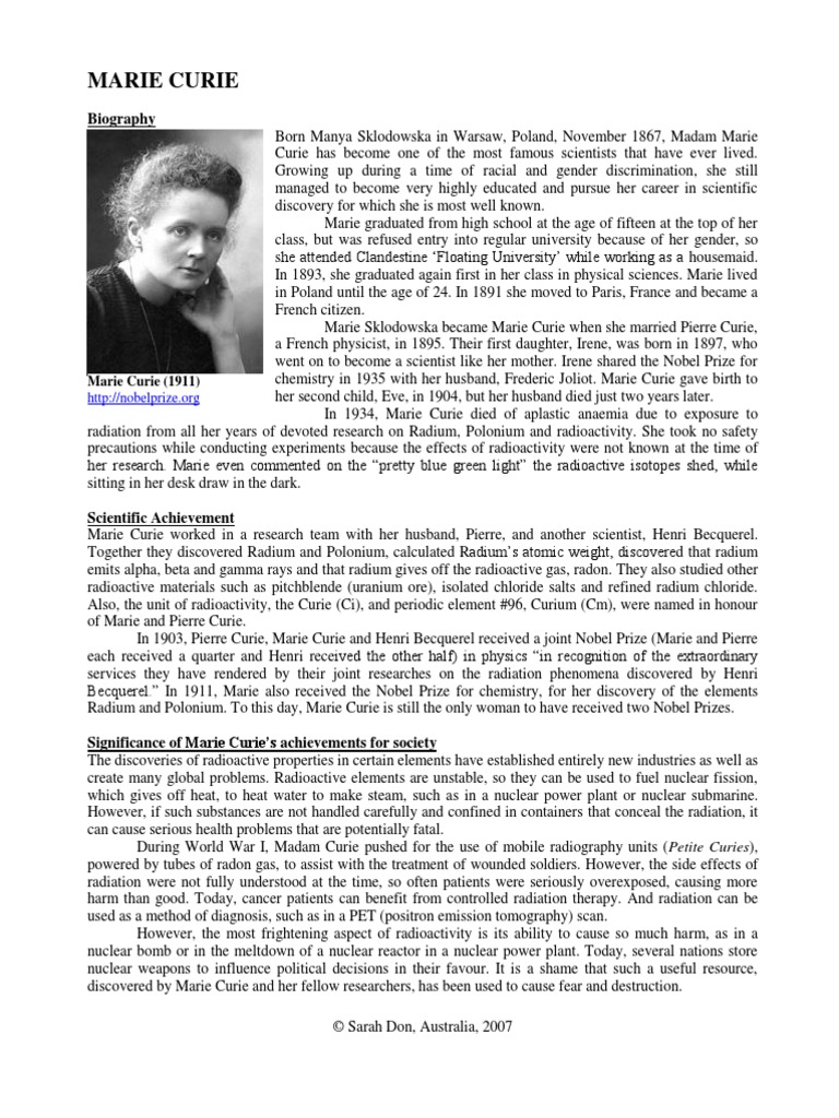 Biography of Marie Curie | PDF | Marie Curie | Radioactive Decay