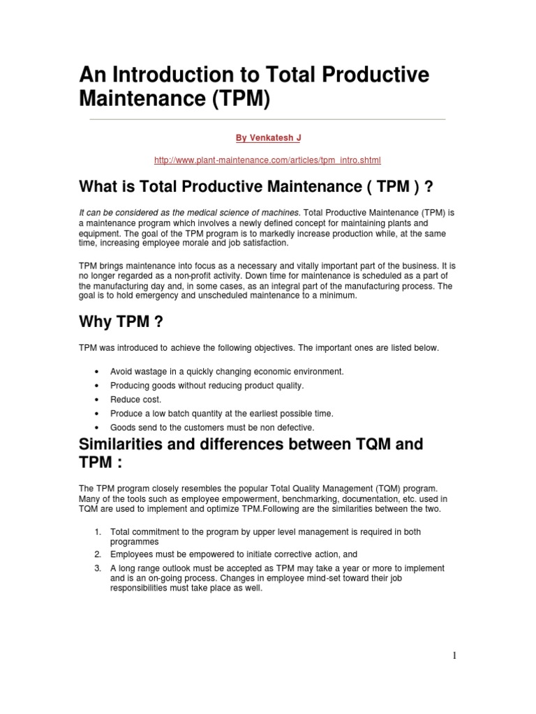 An Introduction To Total Productive Maintenance (TPM) | PDF | Reliability Engineering | Quality ...