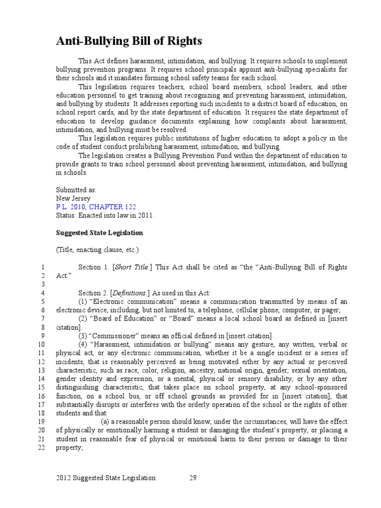 Anti-Bullying Bill of Rights: P.L. 2010, CHAPTER 122 | PDF | Bullying ...