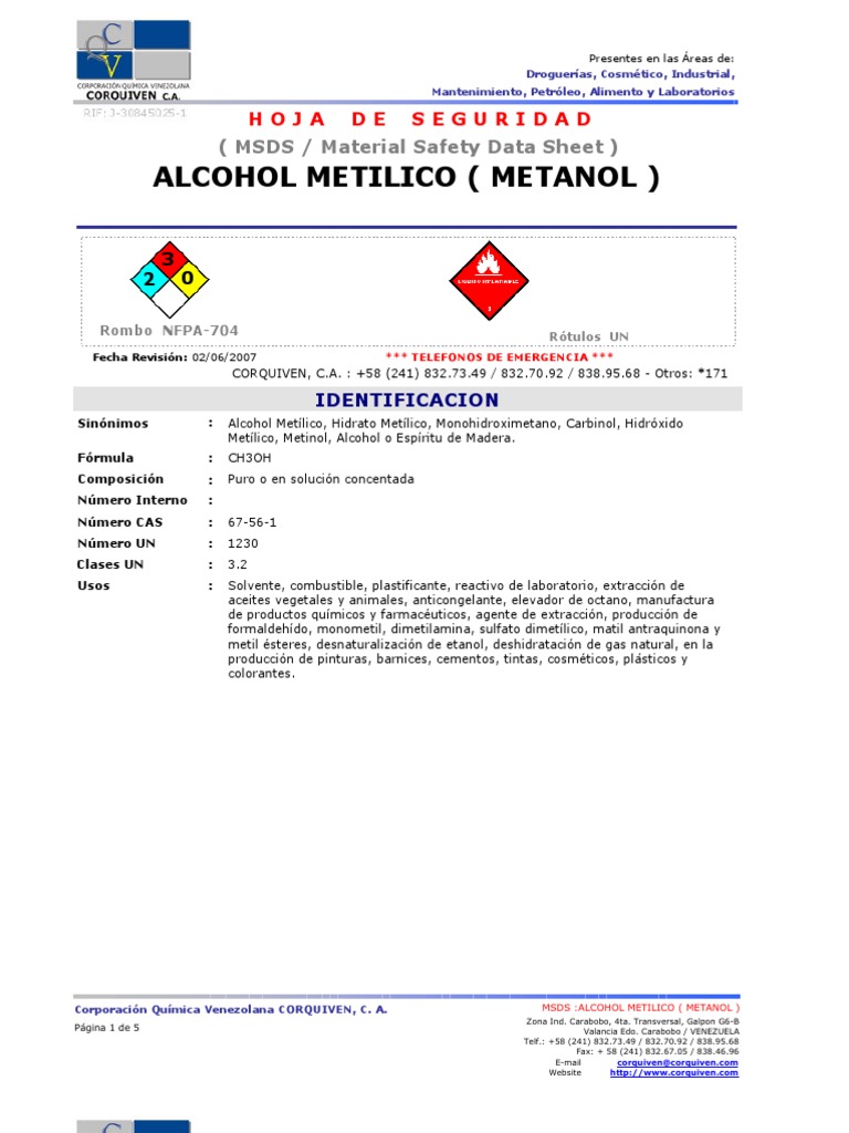 Msds Alcohol Metilico Metanol | PDF