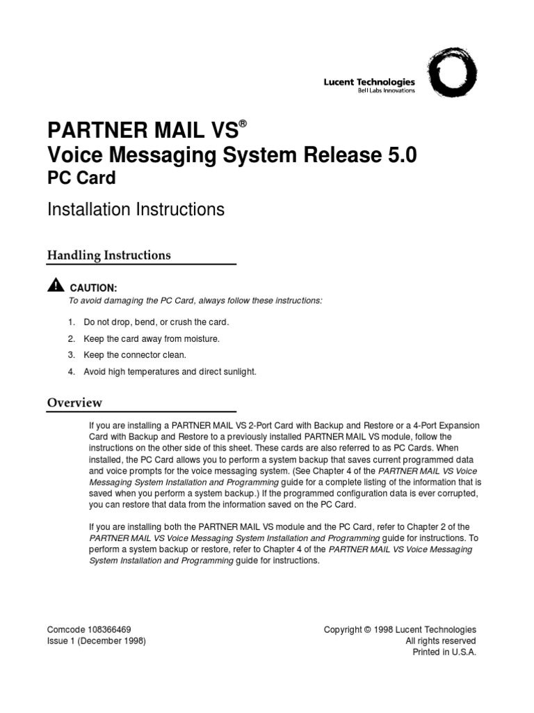 Avaya PARTNER MAIL VS® R5.0 PC Card Installation | PDF | Voicemail | Backup