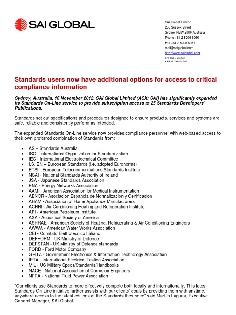 SAI Global Expands Standards On-Line | PDF | Standardization ...