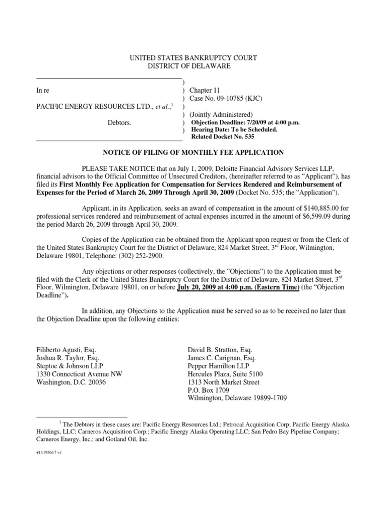 Notice of Filing of Monthly Fee Application | PDF | Chapter 11 | Bankruptcy
