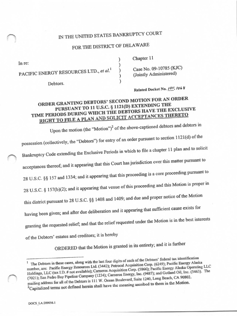 Bankruptcy Order for Exclusive Period Extension | PDF