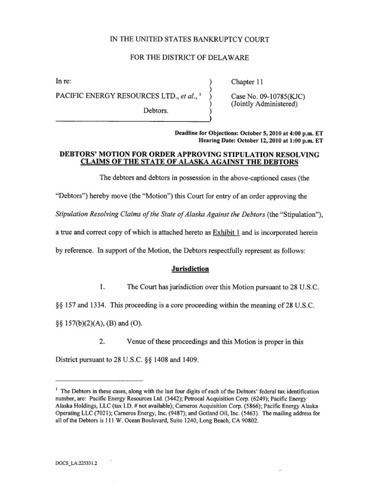 Debtors' Motion For Order Approving Stipulation Resolving Claims of The ...