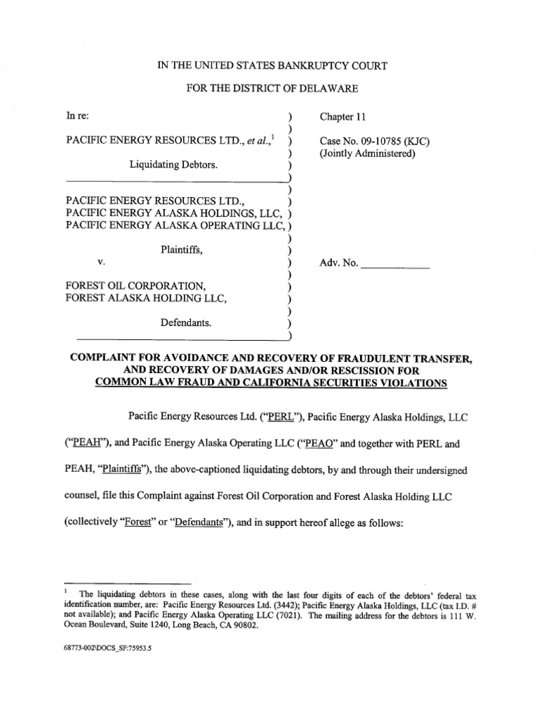 Complaint For Avoidance and Recovery of Fraudulent Transfer, and ...