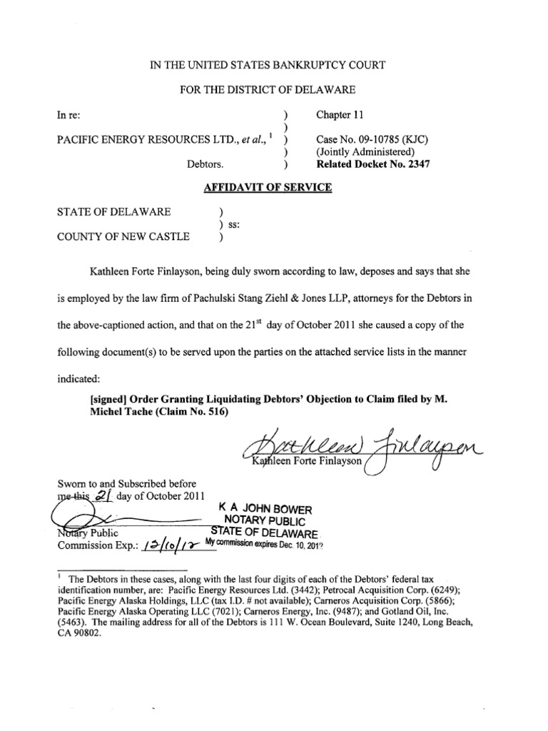 Related Docket No. 2347 Affidavit of Service: K A John Bower Notary ...