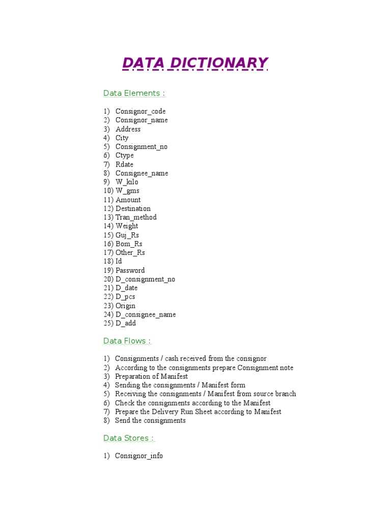Data Dictionary for Consignment Management | PDF