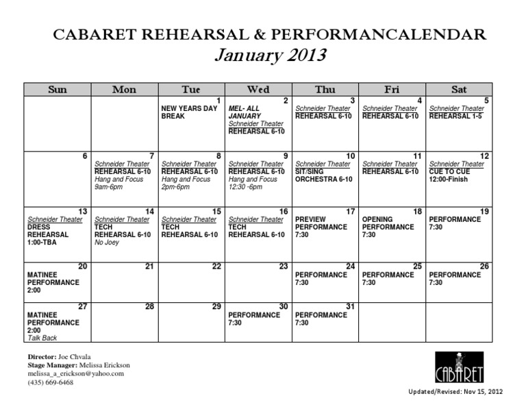 Cabaret January Rehearsal Calendar | PDF