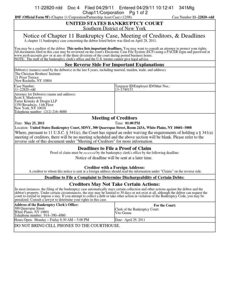 Notice of Chapter 11 Bankruptcy Case, Meeting of Creditors, & Deadlines ...