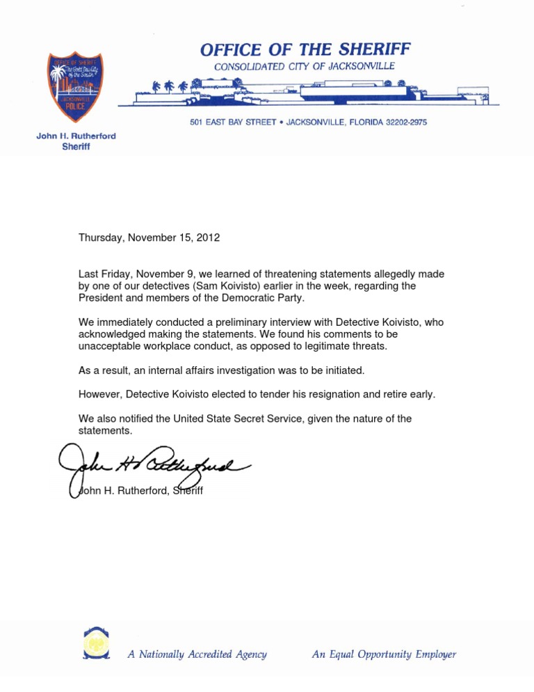 Jacksonville Sheriff's Letter About Detective's Resignation | PDF
