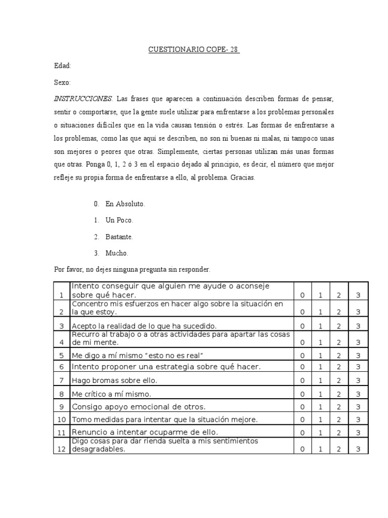 Cuestionario COPE-28 para Afrontamiento | PDF | Relaciones personales ...