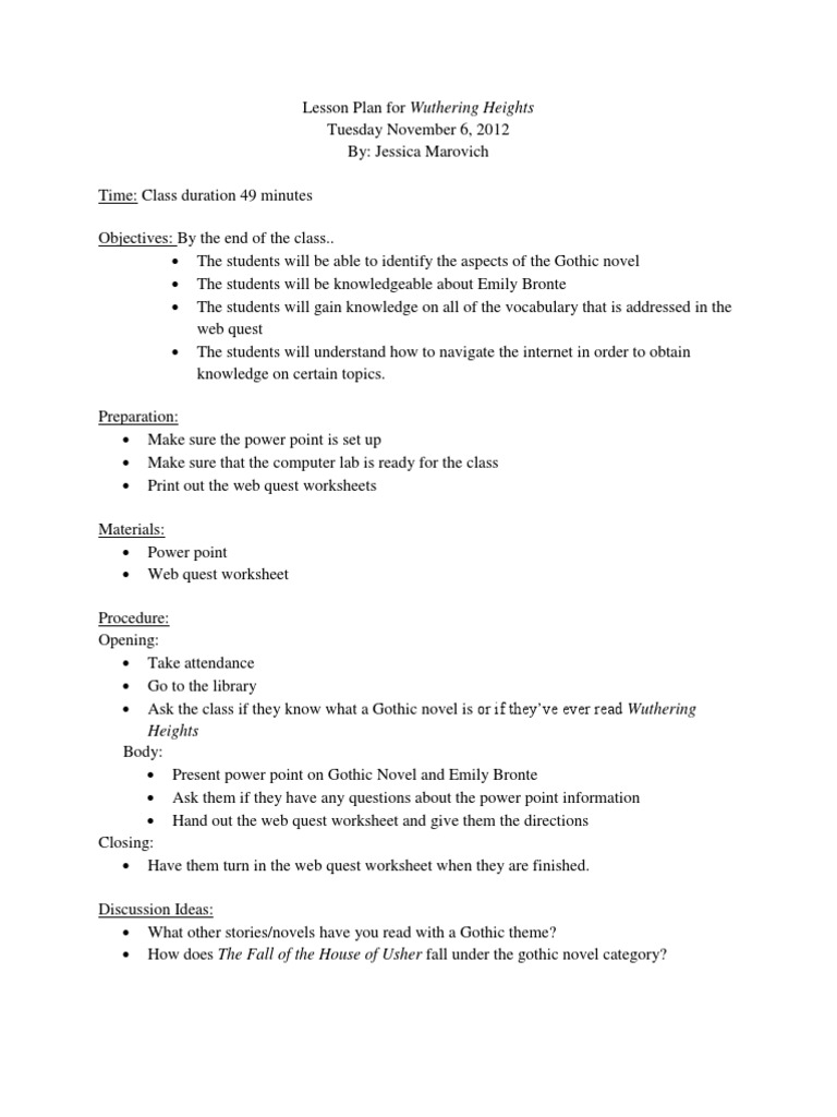 Wuthering Heights Lesson Plan | PDF | Jane Eyre | Charlotte Brontë