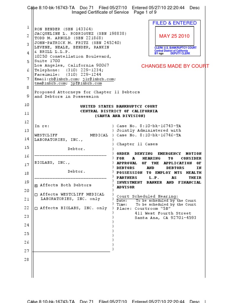 Filed & Entered: Clerk U.S. Bankruptcy Court Central District of ...