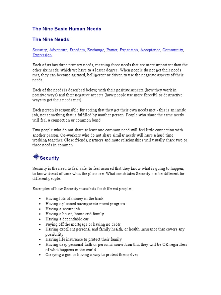 The Nine Basic Human Needs | PDF | Self-Improvement