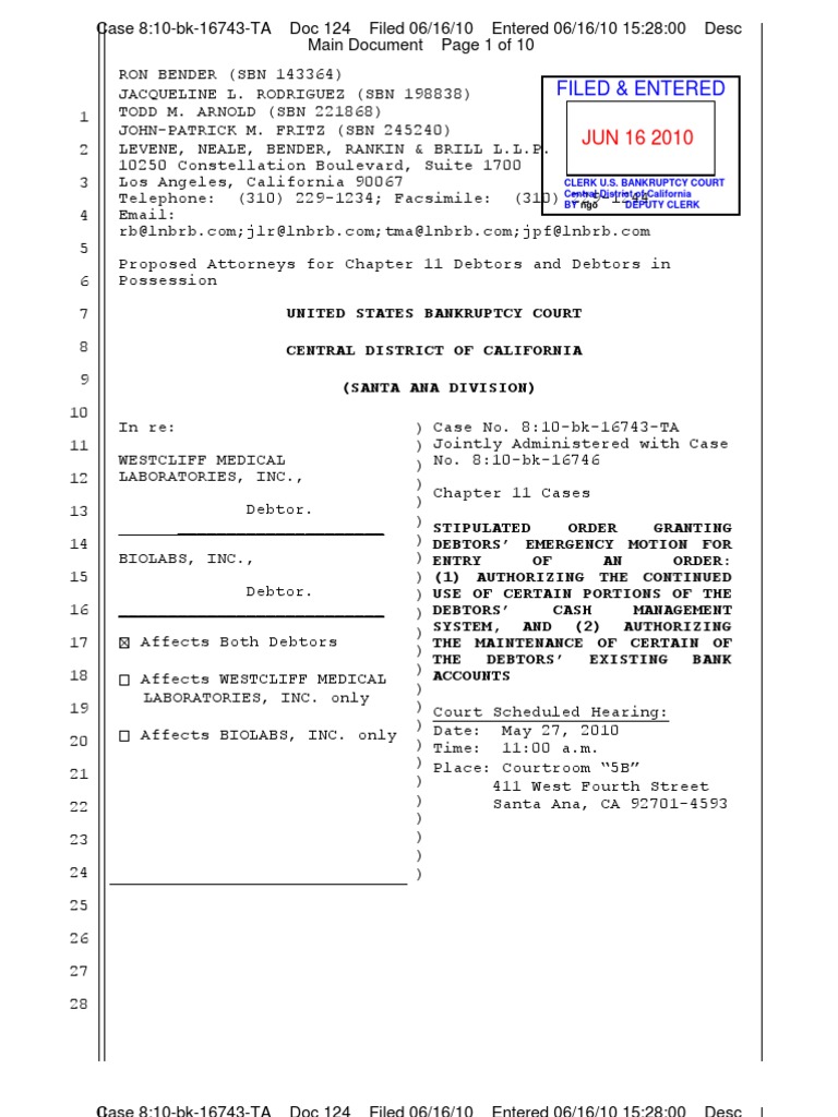Filed & Entered: Clerk U.S. Bankruptcy Court Central District of ...