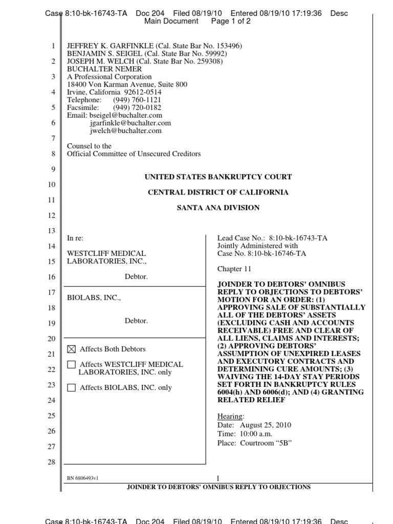 Joinder To Debtors' Omnibus Reply To Objections | PDF | Chapter 11 ...