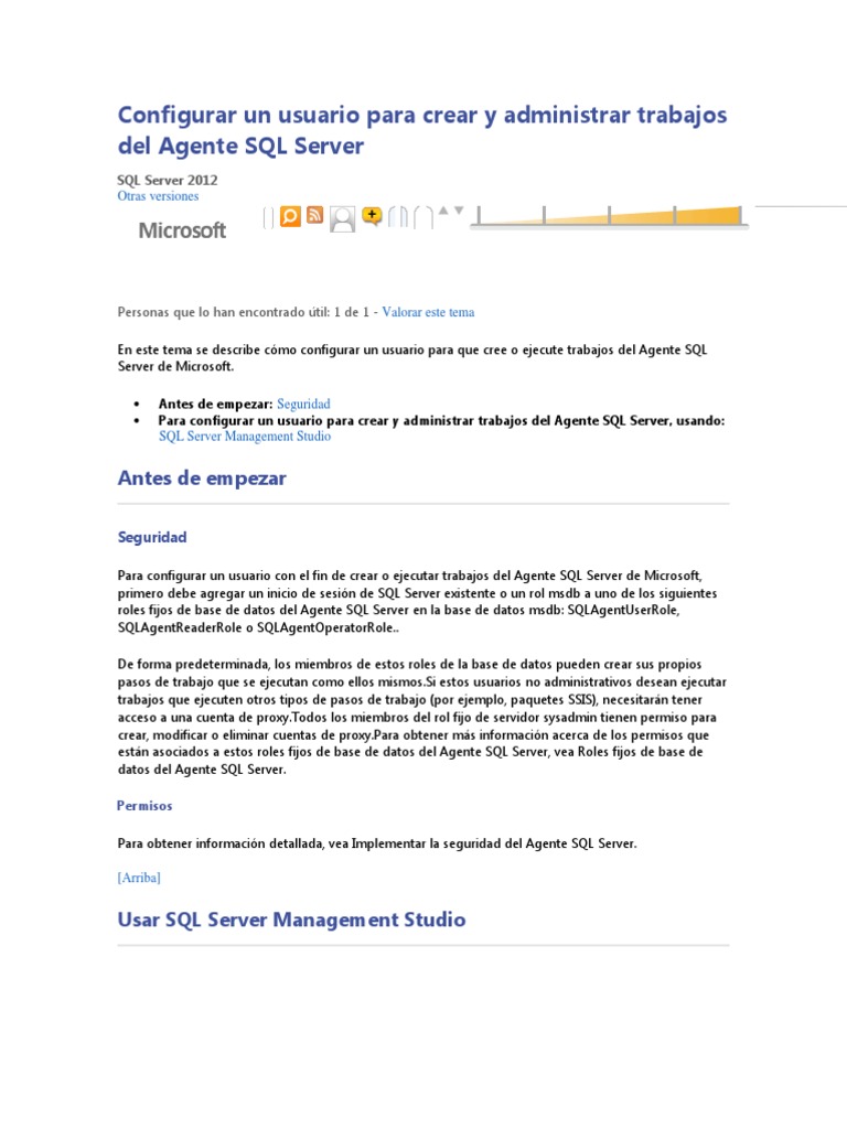 Configurar Un Usuario para Crear y Administrar Trabajos Del Agente SQL ...