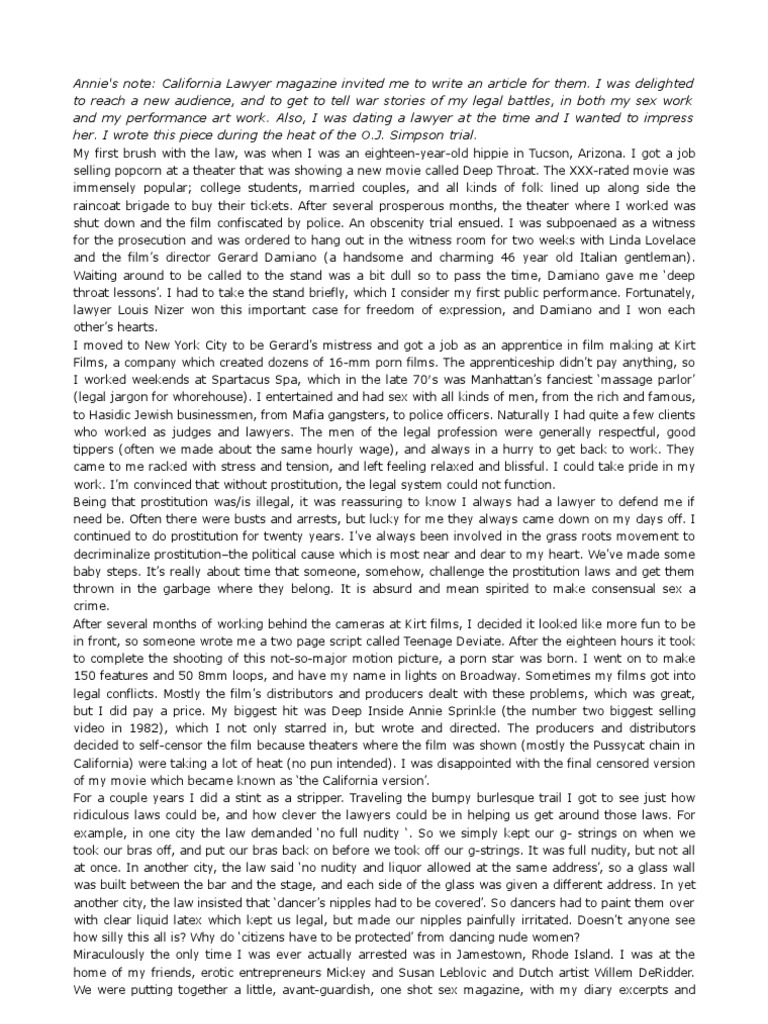 Annie Sprinkle E A Lei Da Censura Pdf Striptease Nudity