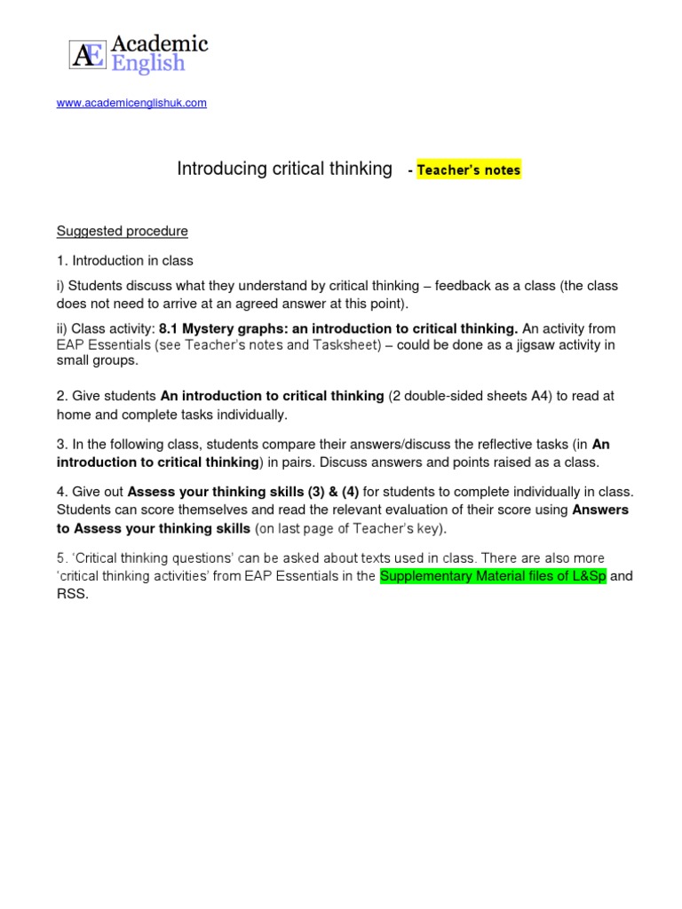 Critical Thinking Activities for Students | PDF | Critical Thinking ...