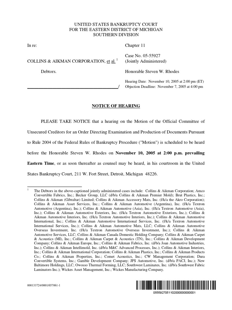 Notice of Hearing | PDF | Bankruptcy | Chapter 11