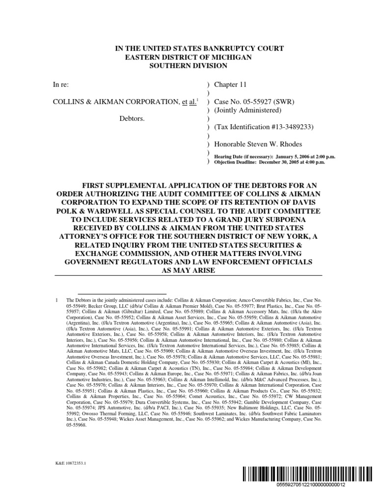 In Re:) Chapter 11) Collins & Aikman Corporation, Et Al.) Case No. 05-55927 (SWR) ) (Jointly ...