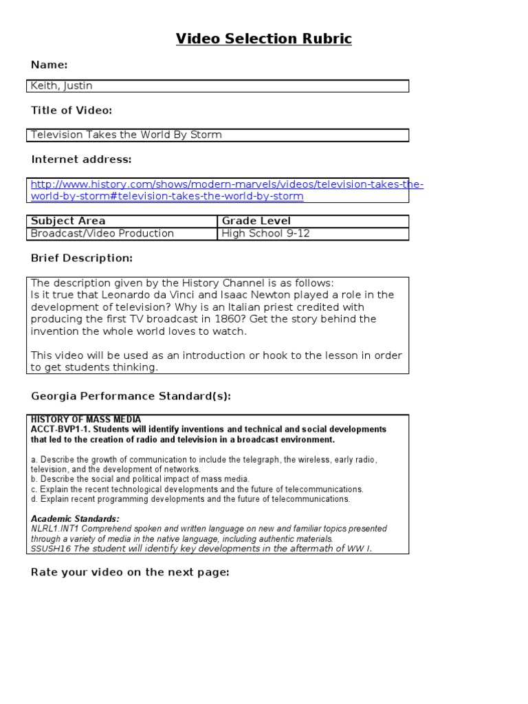 Video Selection Rubric for Teaching TV History | PDF | Art | Science ...