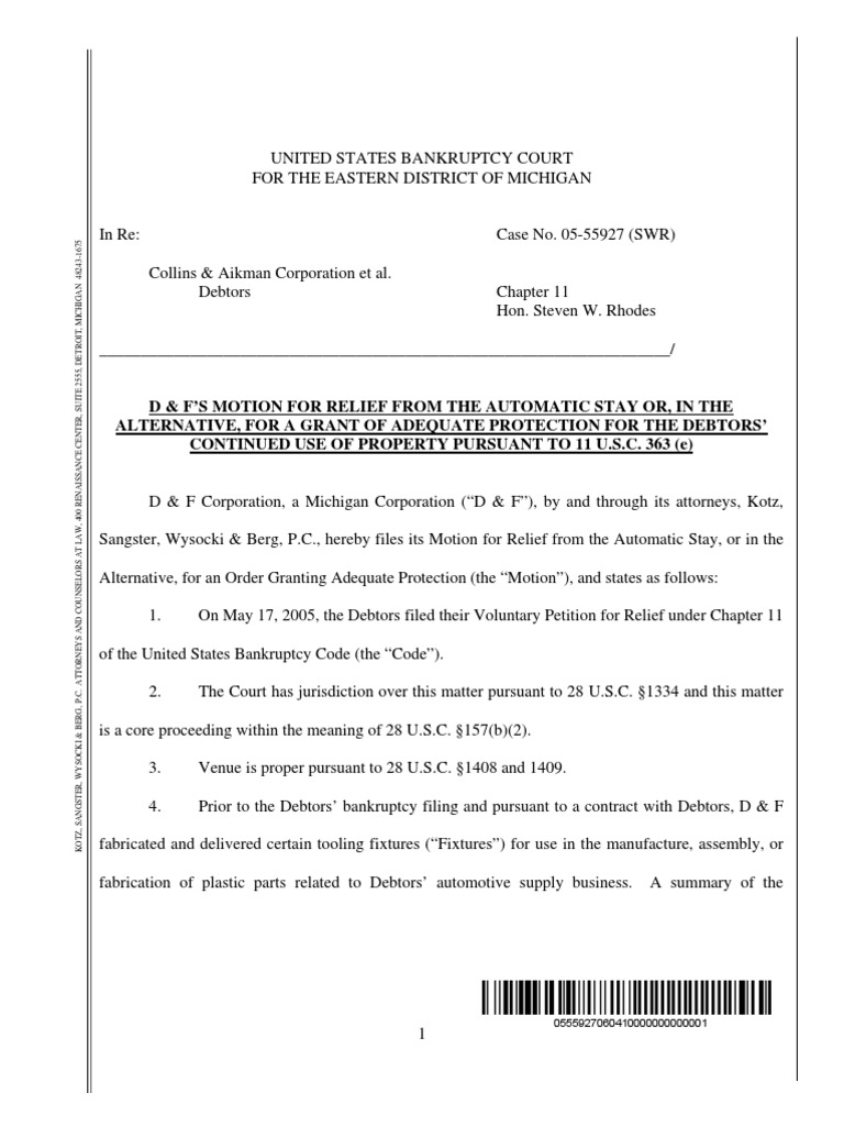 D & F'S Motion For Relief From The Automatic Stay Or, in The ...