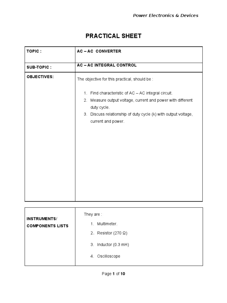 Practical Sheet: Topic: Ac - Ac Converter | PDF
