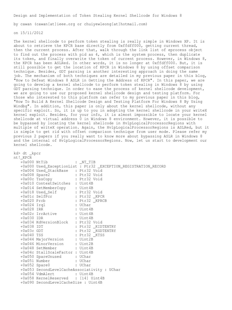Windows 8 Kernel Shellcode Design | PDF | Kernel (Operating System) | Computer Architecture