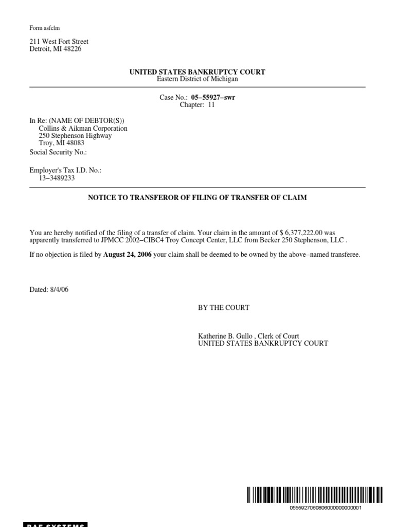 United States Bankruptcy Court: Form Asfclm | PDF