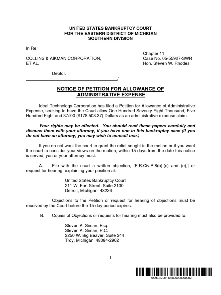 Notice of Petition For Allowance of Administrative Expense | PDF