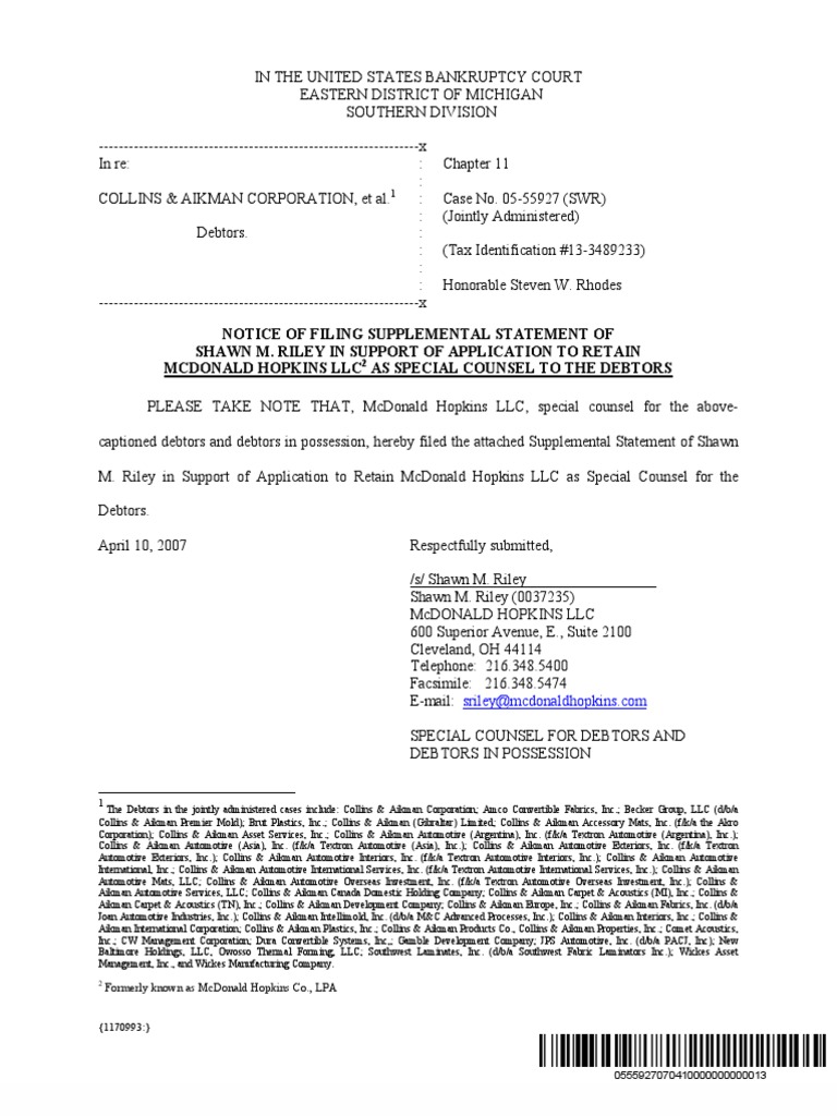 Notice of Filing Supplemental Statement of Shawn M. Riley in Support of ...