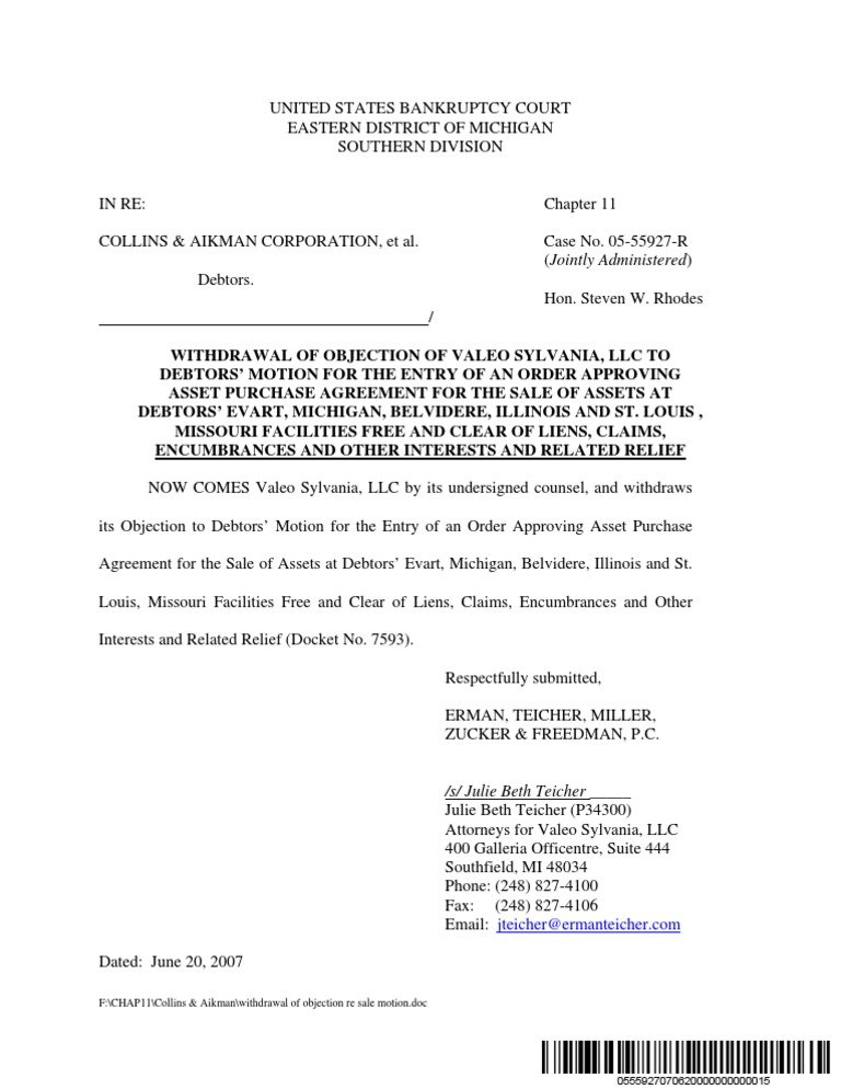 S/ Julie Beth Teicher - : F:/CHAP11/Collins & Aikman/withdrawal of Objection Re Sale Motion ...