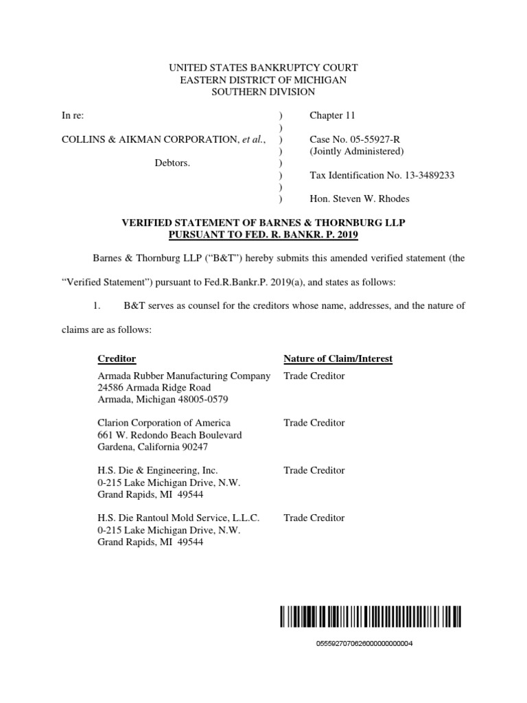 Verified Statement of Barnes & Thornburg LLP Pursuant To Fed. R. Bankr ...