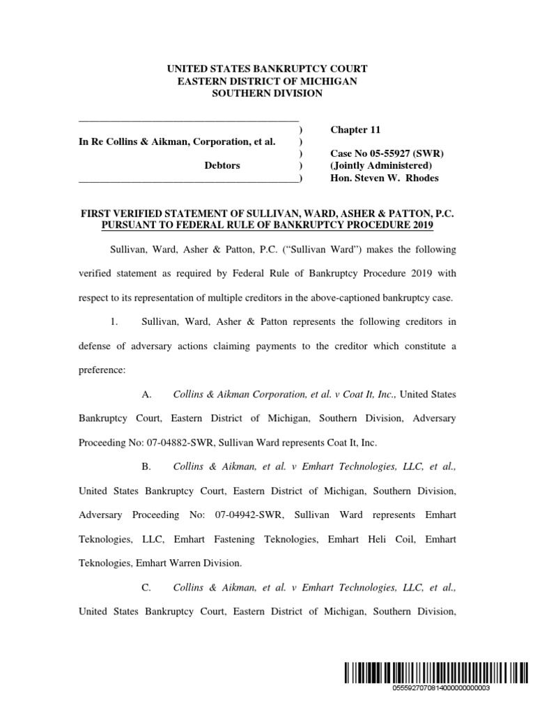 First Verified Statement of Sullivan, Ward, Asher & Patton, P.C ...