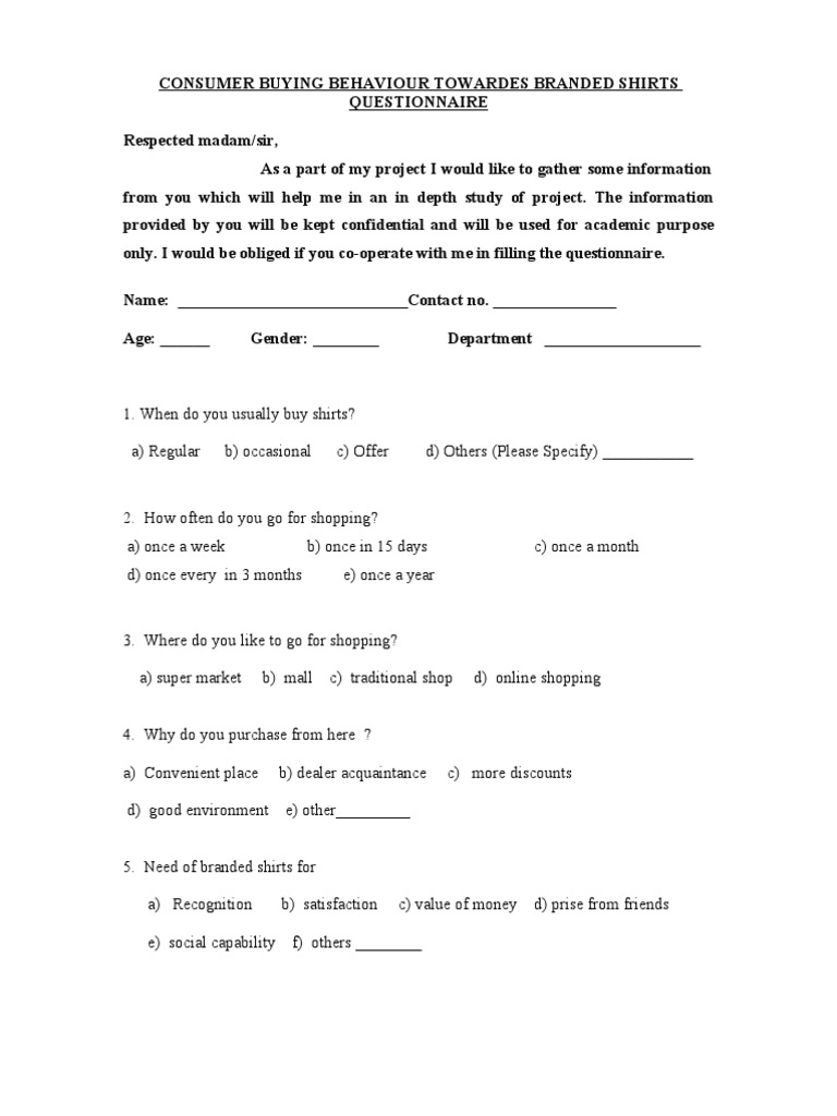 Consumer Buying Behavior Questionnaire | PDF