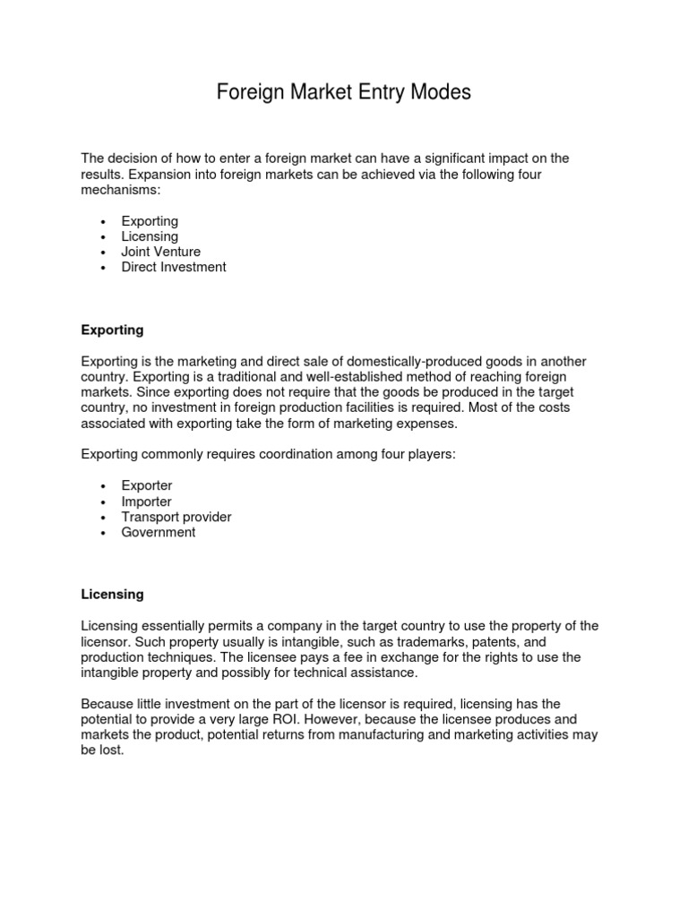 Foreign Market Entry Modes | PDF | Joint Venture | Exports