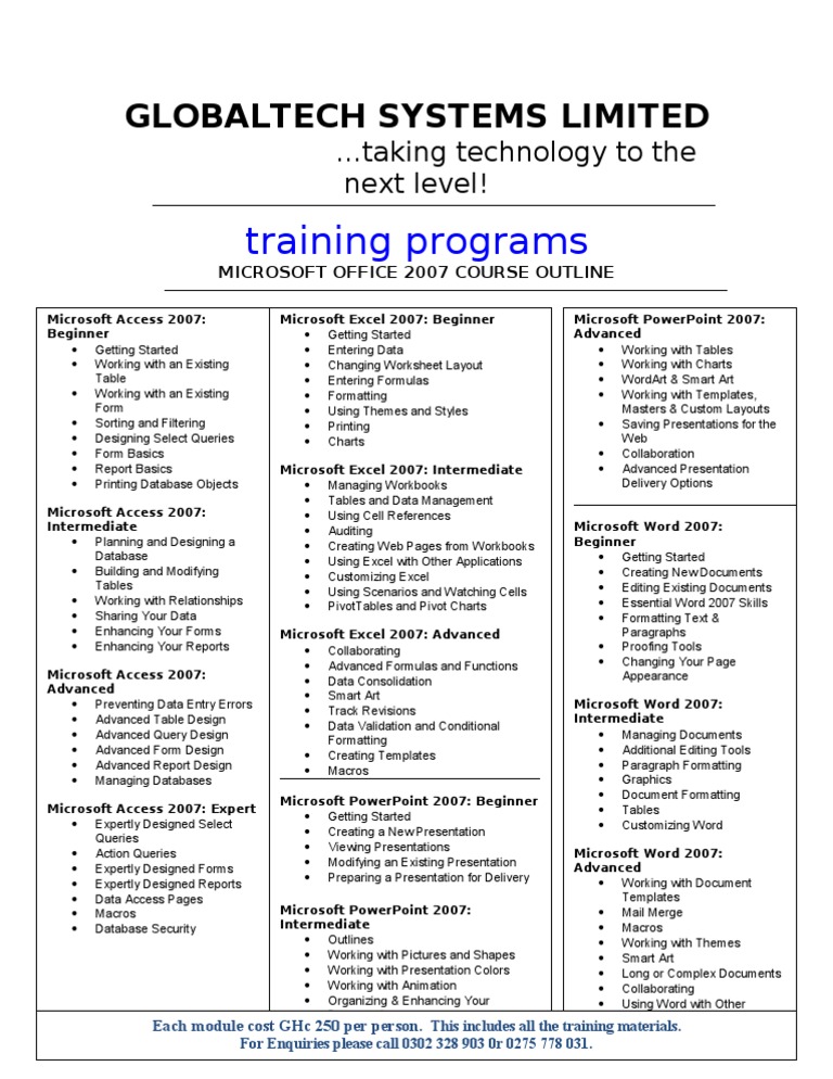 GLOBALTECH Training Handout | PDF | Microsoft Access | Microsoft Excel